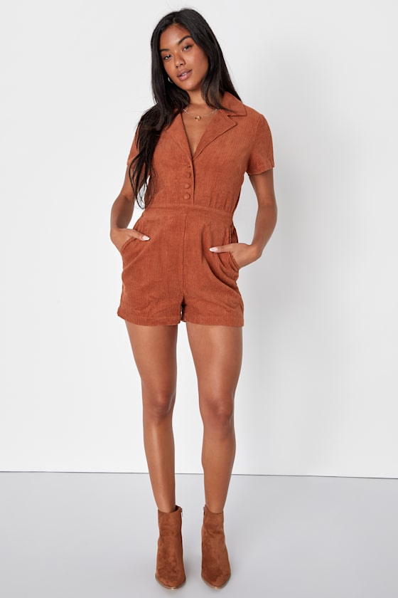 Rust Brown Corduroy Romper - Short Sleeve Romper - Retro Romper - Lulus
