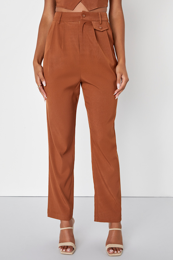Rust Brown Twill Pants - High Waisted Pants - Straight Leg Pants - Lulus