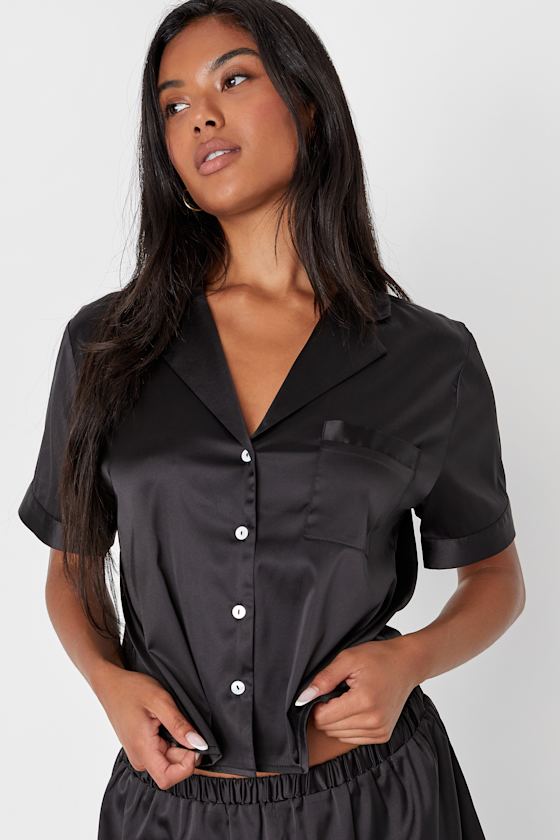 Black Satin Pajamas - Two-Piece PJ Set - Satin Sleepwear Set - Lulus
