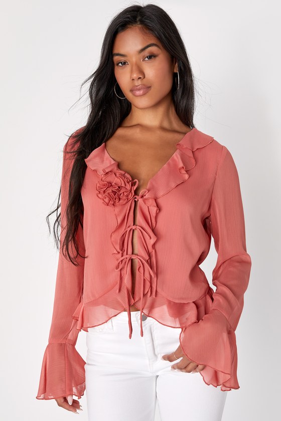 Rusty Rose Chiffon Top - Ruffled Top - Cute Tie-Front Top - Lulus