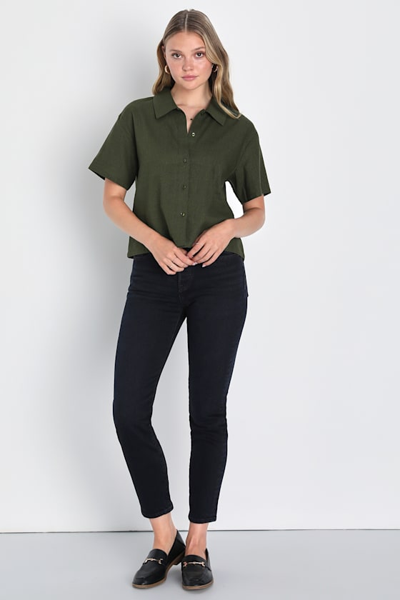 Green Linen Top - Short Sleeve Top - Cropped Button-Up Top - Lulus