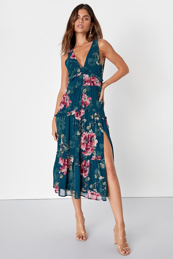 Green Floral Ruffled Dress - Backless Midi Dress - Ruffled Dress - Lulus