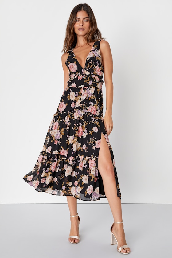 Black Floral Ruffled Dress - Backless Midi Dress - Ruffled Dress - Lulus