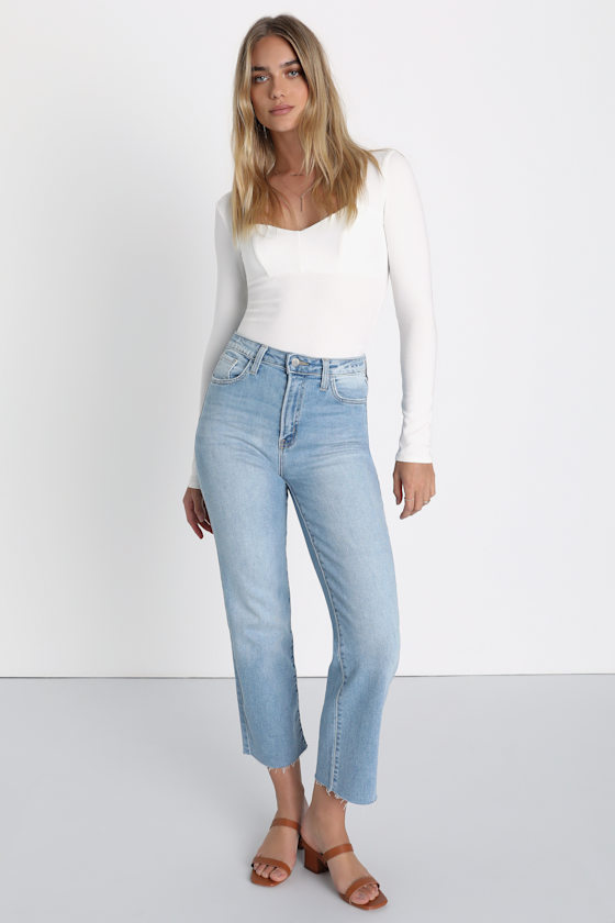 Just Black Denim - Light Wash Straight Leg Jeans - Raw Hem Jeans - Lulus