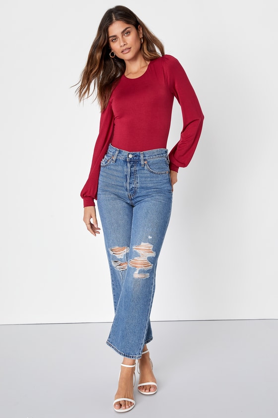 Wine Red Bodysuit Long Sleeve Bodysuit Fitted Bodysuit Lulus