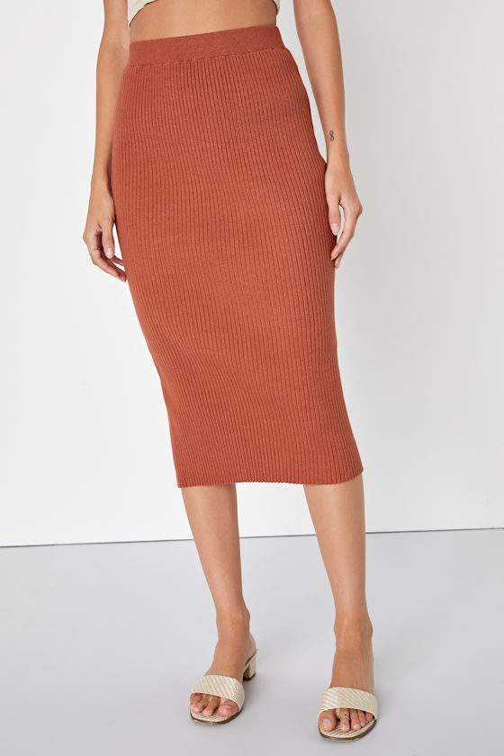Rust Brown Skirt - Ribbed Knit Skirt - High-Rise Midi Skirt - Lulus