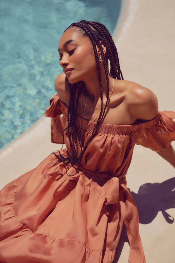 Rust Brown Tiered Dress - Off-the-Shoulder Midi - Cute Dress - Lulus