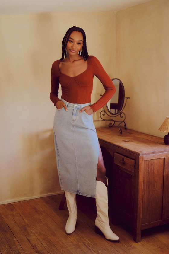 Light Wash Denim Skirt - Denim Midi Skirt - High-Rise Denim Skirt - Lulus