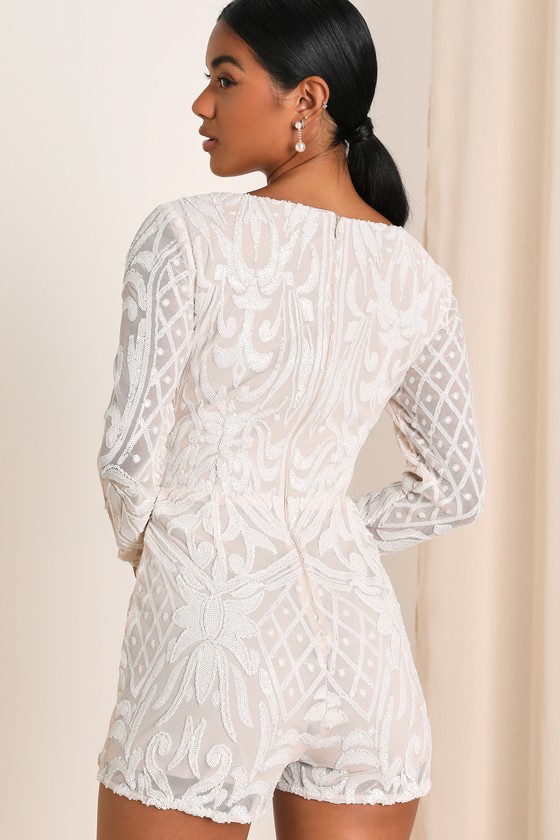White Sequin Romper - Long Sleeve Romper - Mesh Romper - Lulus