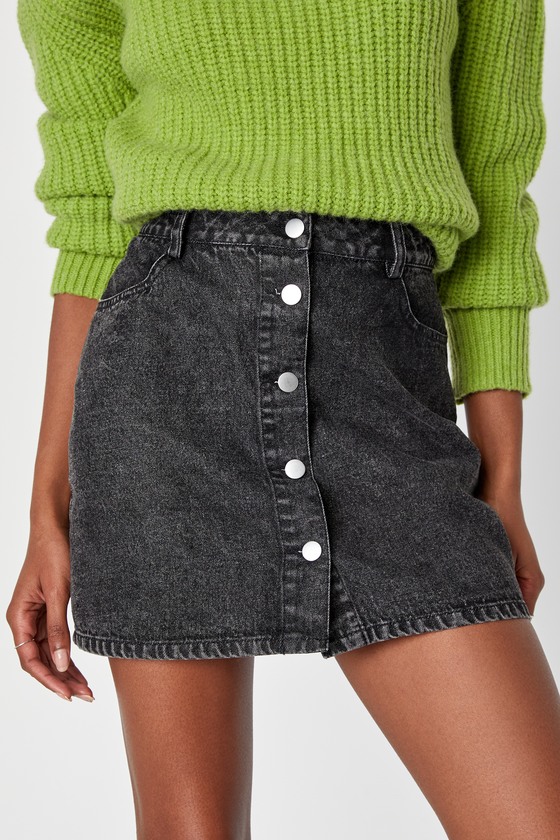 Washed Black Denim Skirt - Button-Front Denim Skirt - Mini Skirt - Lulus