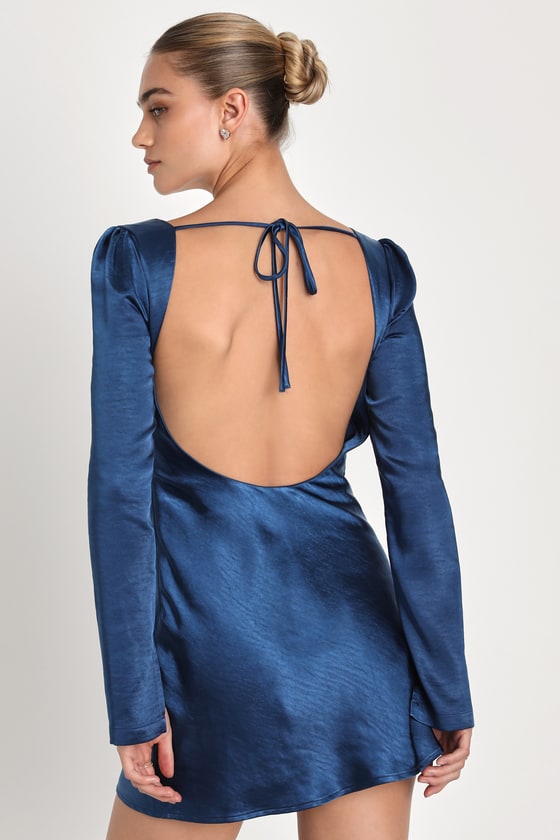 Dark Blue Satin Dress - Long Sleeve Dress - Backless Mini Dress - Lulus