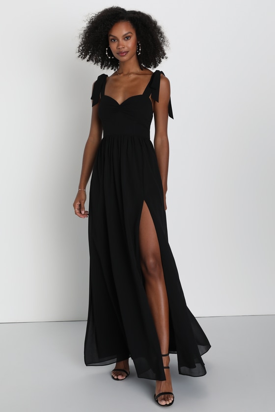 Black Chiffon Dress - Ruched Maxi Dress - Tie-Strap Maxi Dress - Lulus