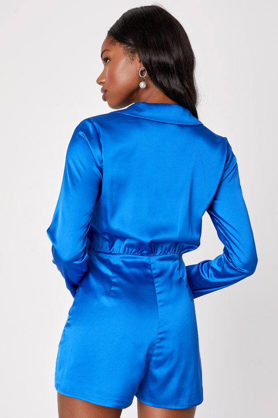 Blue Skort Romper - Long Sleeve Romper - Collared Romper - Lulus