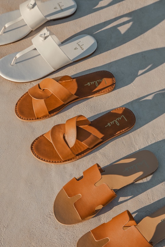Cute Tan Sandals - Flat Slide Sandals - Strappy Slide Sandals - Lulus