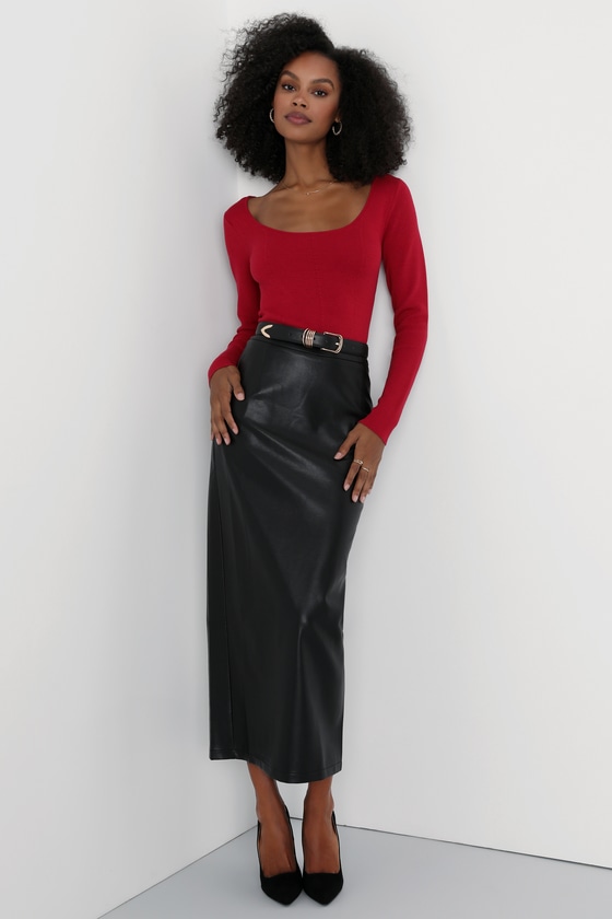 Black Midi Skirt - Vegan Leather Skirt - High-Rise Midi Skirt - Lulus