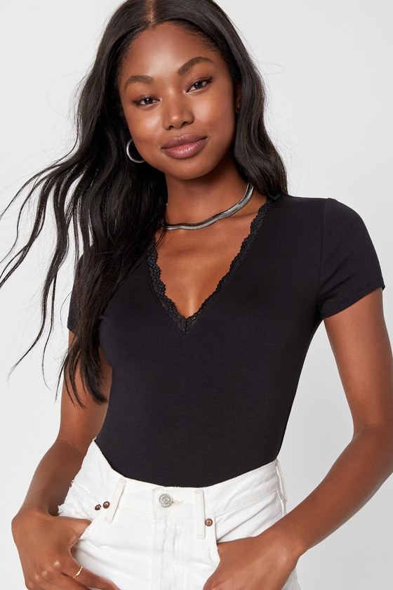Women's Black Lace Top - V-Neck Bodysuit - T-Shirt Bodysuit - Lulus