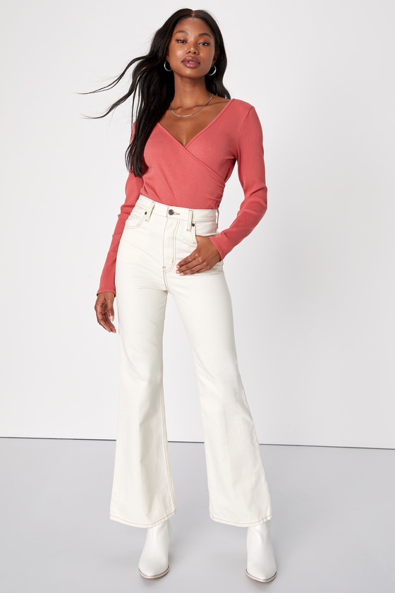 Rusty Rose Ribbed Top - Ribbed Surplice Top - Long Sleeve Top - Lulus