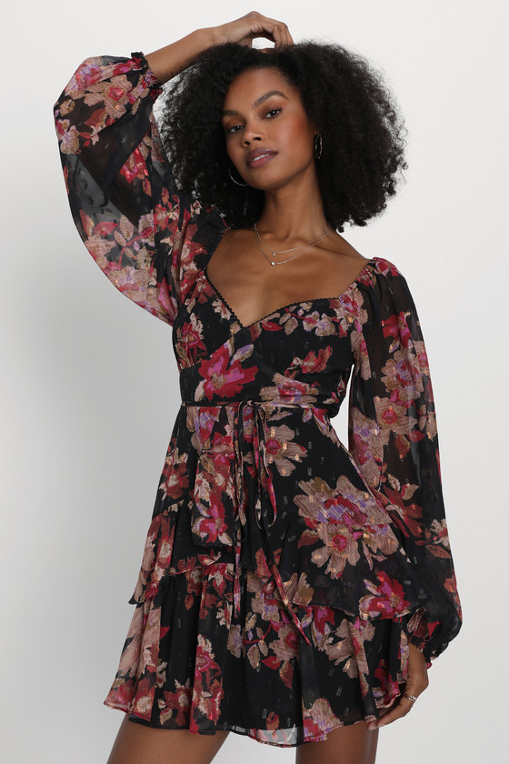 Black Floral Mini Dress - Chiffon Lurex Dress - Tiered Mini Dress - Lulus