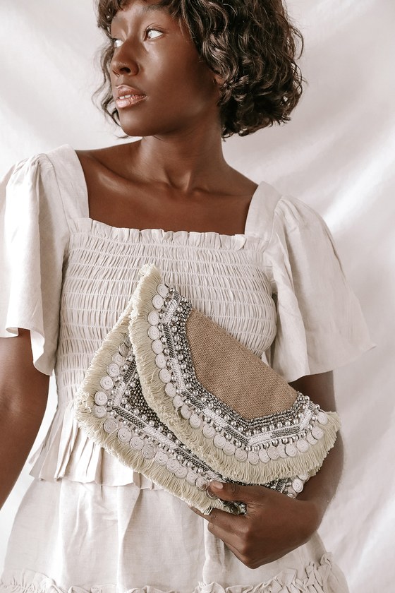 Cute Beaded Clutch - Coin Fringe Clutch - Beige Clutch - Lulus