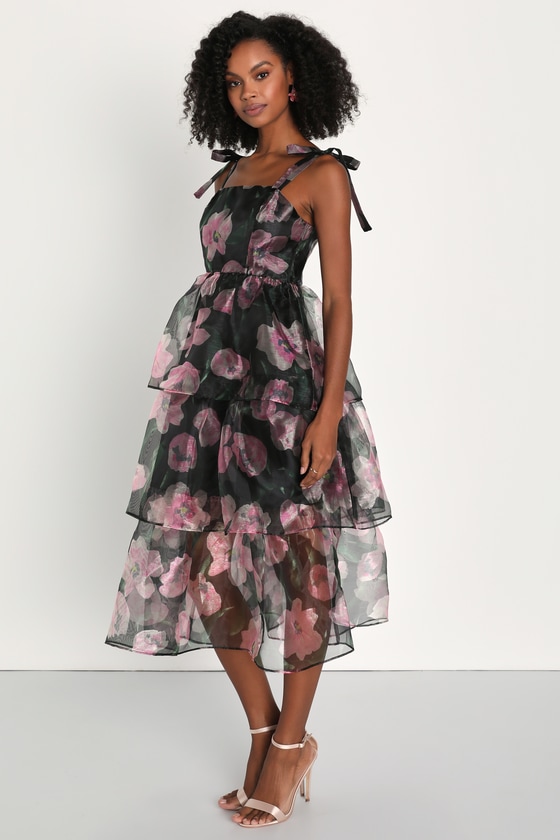 Black Floral Print Dress - Tiered Midi Dress - Tie-Strap Dress - Lulus