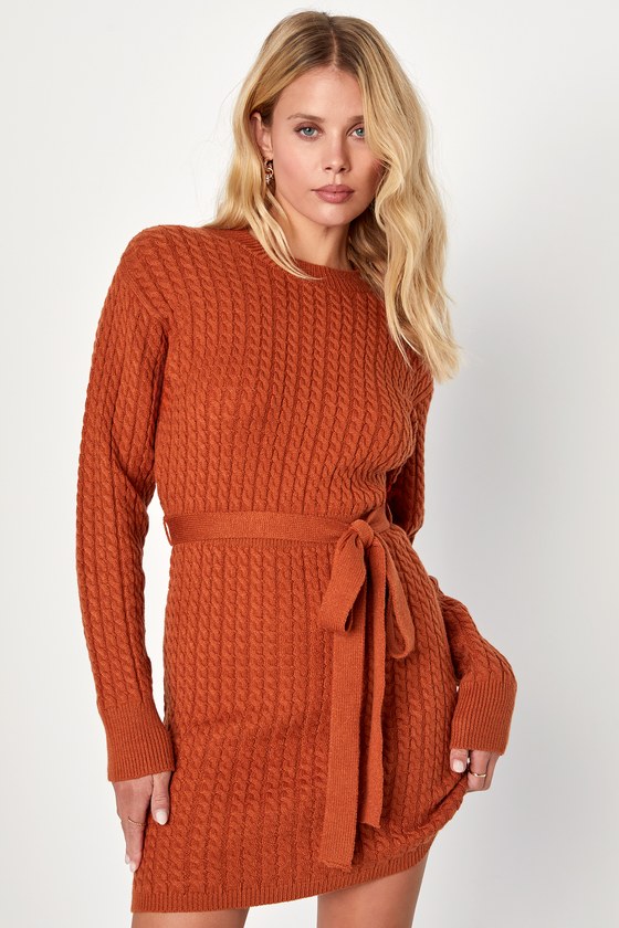 Rust Orange Sweater Dress - Cable Knit Sweater Dress - Mini Dress - Lulus
