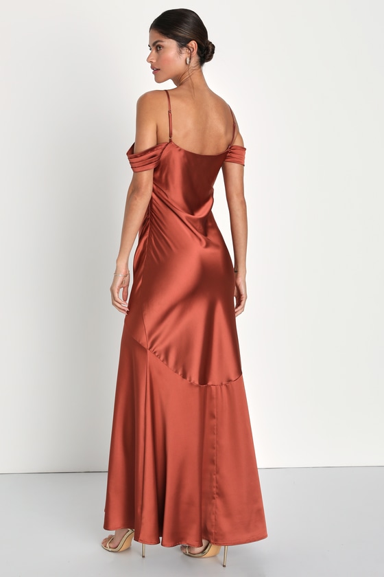 Rust Satin Dress - Satin Maxi Dress - Cold-Shoulder Dress - Lulus