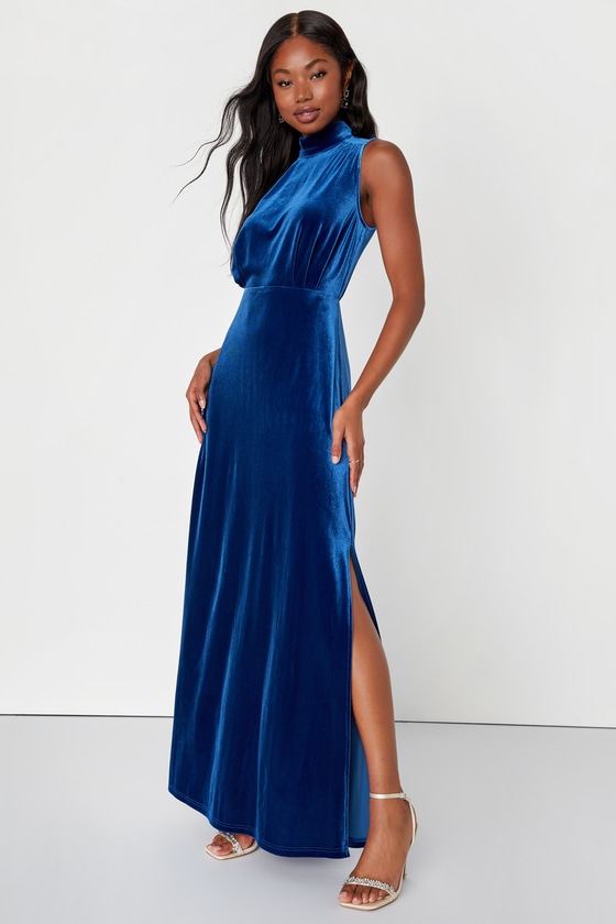 Blue Sleeveless Maxi Dress Velvet Maxi Dress Mock Neck Dress Lulus
