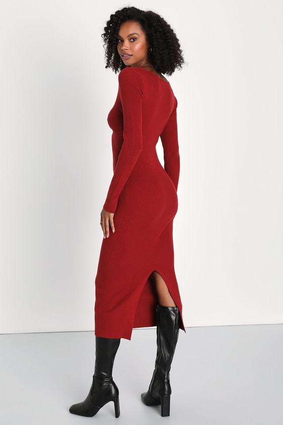 Chic Rust Red Dress - Midi Sweater Dress - Twist-Front Dress - Lulus
