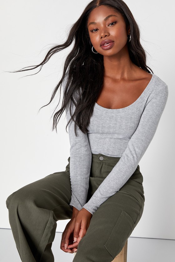 Heathered Grey Top - Long Sleeve Top - Ribbed Knit Top - Lulus