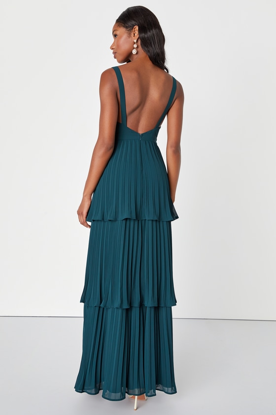 Emerald Green Pleated Dress - Tiered Dress - Backless Maxi Dress - Lulus