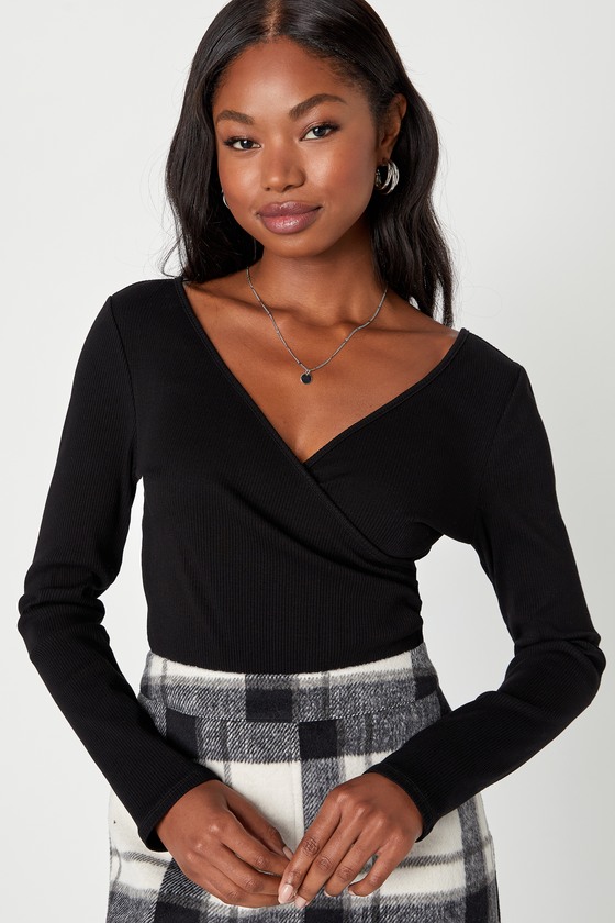 Black Ribbed Top - Ribbed Surplice Top - Black Long Sleeve Top - Lulus