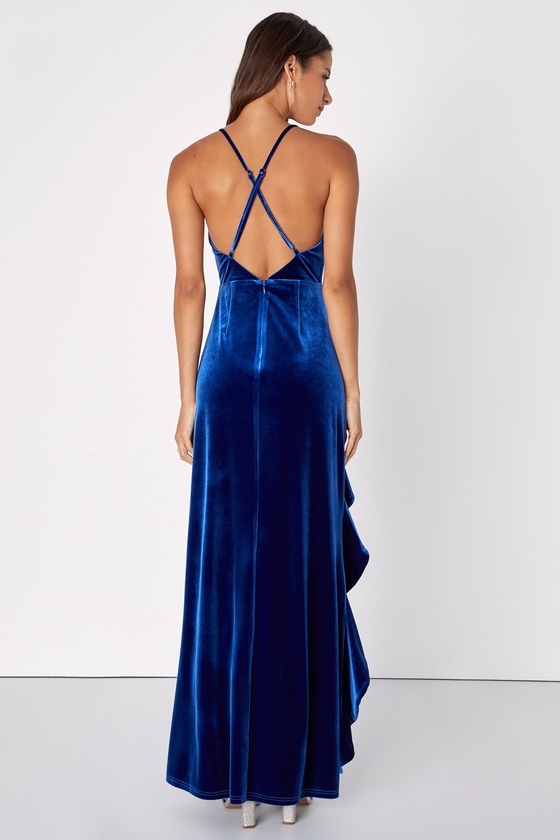 Blue Velvet Maxi Dress - Backless Dress - Ruffle-Trimmed Dress - Lulus