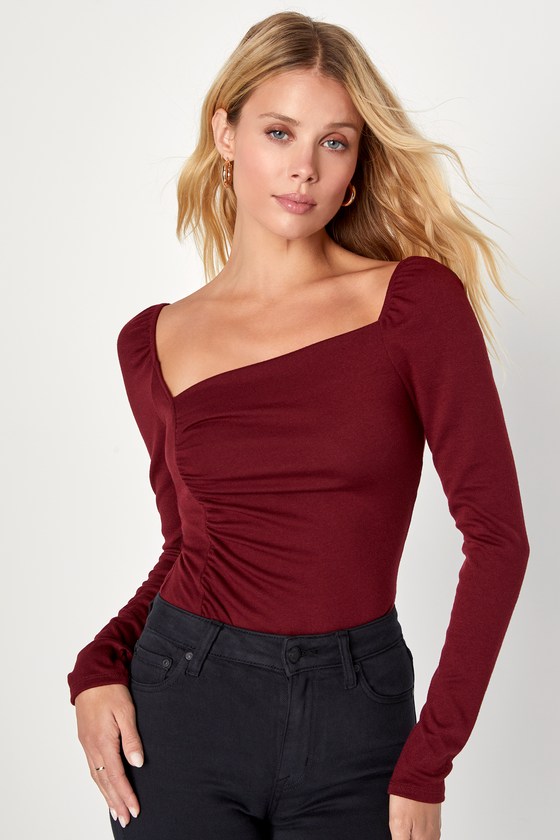 Wine Red Ruched Top - Asymmetrical Top - Long Sleeve Bodysuit - Lulus