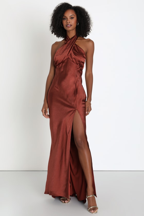 Brown Satin Maxi Dress - Halter Maxi Dress - Satin Dress - Lulus
