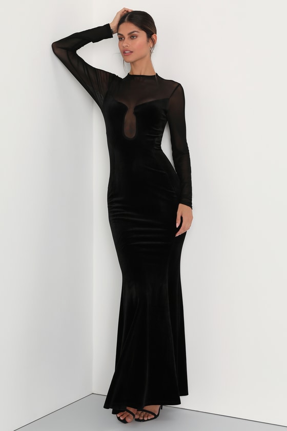 Black Mesh Dress - Velvet Maxi Dress - Long Sleeve Maxi Dress - Lulus