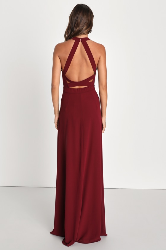 Burgundy Backless Dress Halter Maxi Dress Bridesmaid Dress Lulus