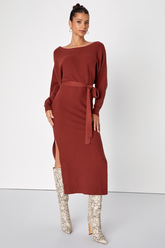 Rust Sweater Dress - Dolman Sleeve Sweater Dress - Midi Dress - Lulus