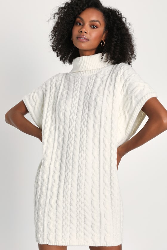 White Cable Knit Dress - Turtleneck Sweater Dress - Mini Dress - Lulus