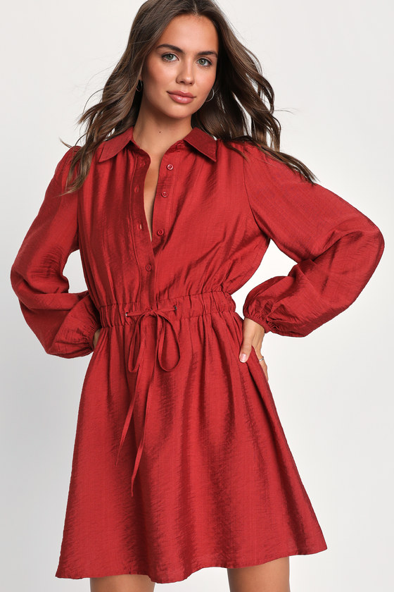 Rust Red Collared Dress - Balloon Sleeve Mini Dress - Cute Dress - Lulus