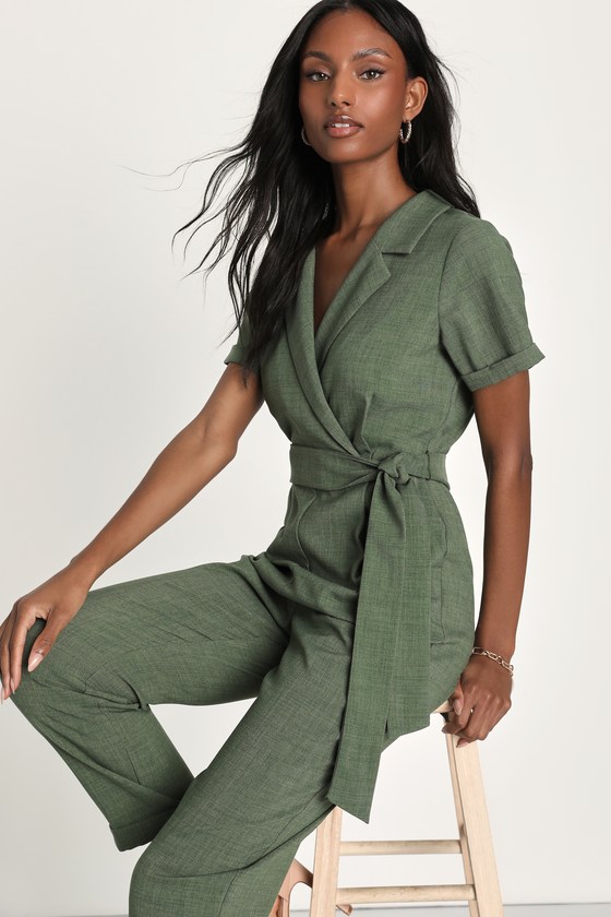 Olive Green Jumpsuit - Short Sleeve Jumpsuit - Tie-Front Jumpsuit - Lulus