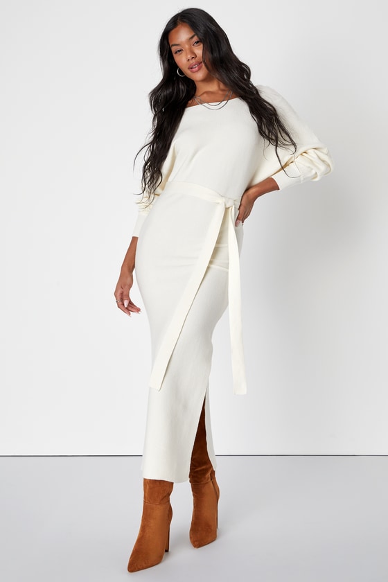 Ivory Sweater Dress - Dolman Sleeve Sweater Dress - Midi Dress - Lulus