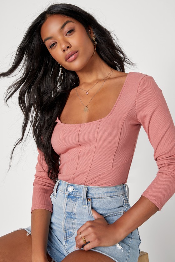 Rose Pink Ribbed Bodysuit - Long Sleeve Top - Corset Bodysuit - Lulus