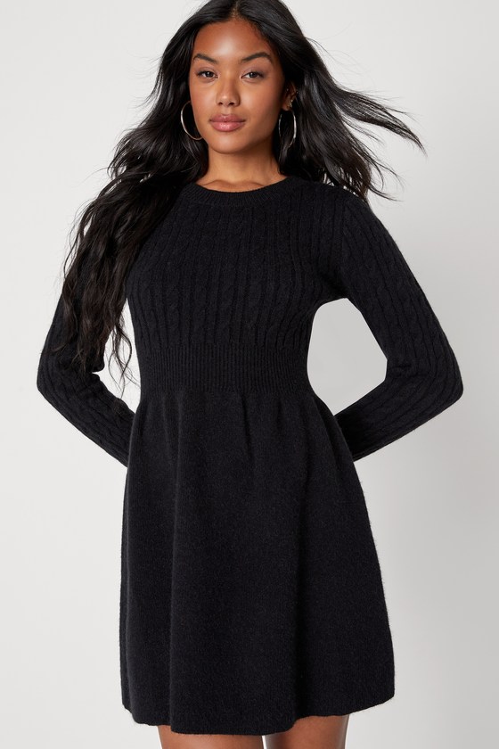 Black Sweater Dress - Cable Knit Sweater Dress - Skater Dress - Lulus