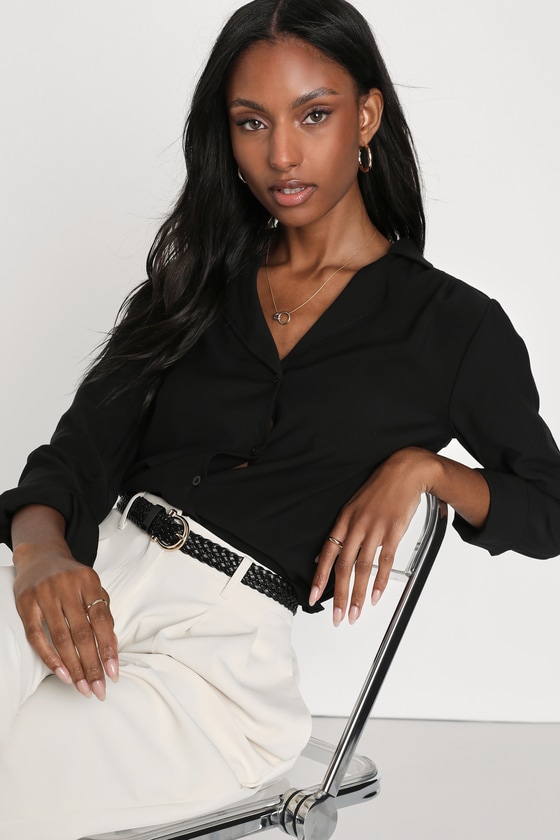 Black Collared Top- Button-Up Top - Simple Long Sleeve Top - Lulus