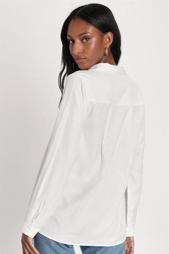 White Collared Top- Button-Up Top - Simple Long Sleeve Top - Lulus