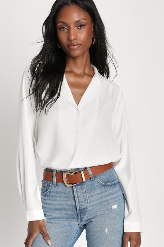 White Collared Top- Button-Up Top - Simple Long Sleeve Top - Lulus