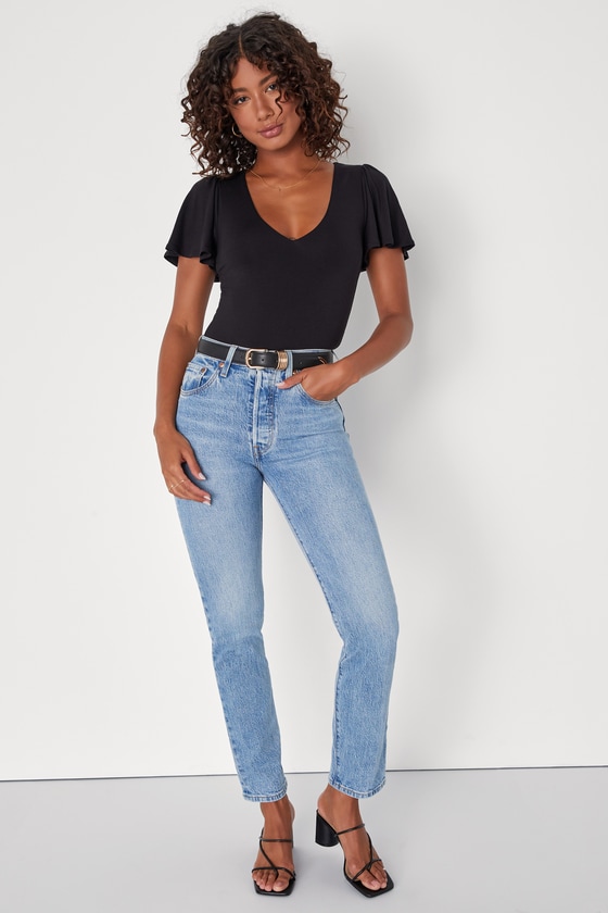 Black Bodysuit Black Flutter Sleeve Top Jersey Knit Bodysuit Lulus