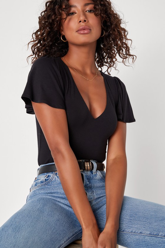 Black Bodysuit Black Flutter Sleeve Top Jersey Knit Bodysuit Lulus