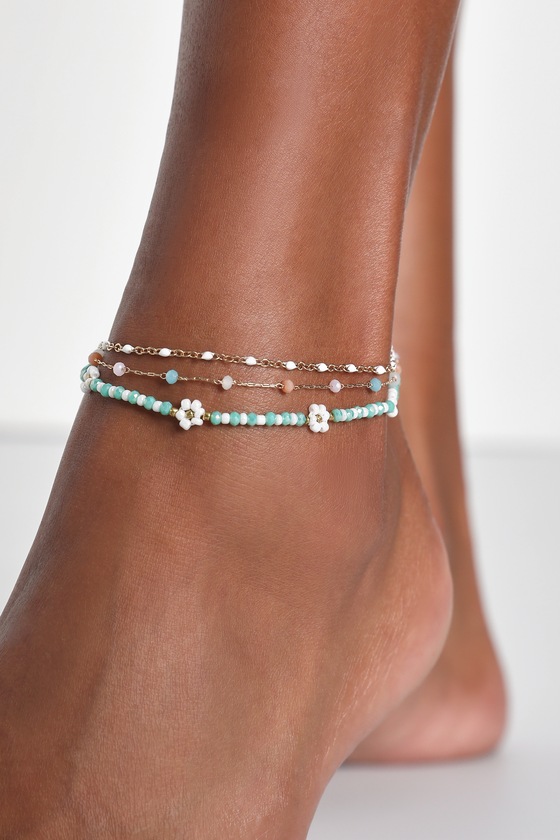 Gold And Blue Layered Anklet Bead Anklet Flower Anklet Lulus