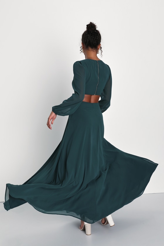 Emerald Green Dress Long Sleeve Maxi Dress Cutout Maxi Dress Lulus